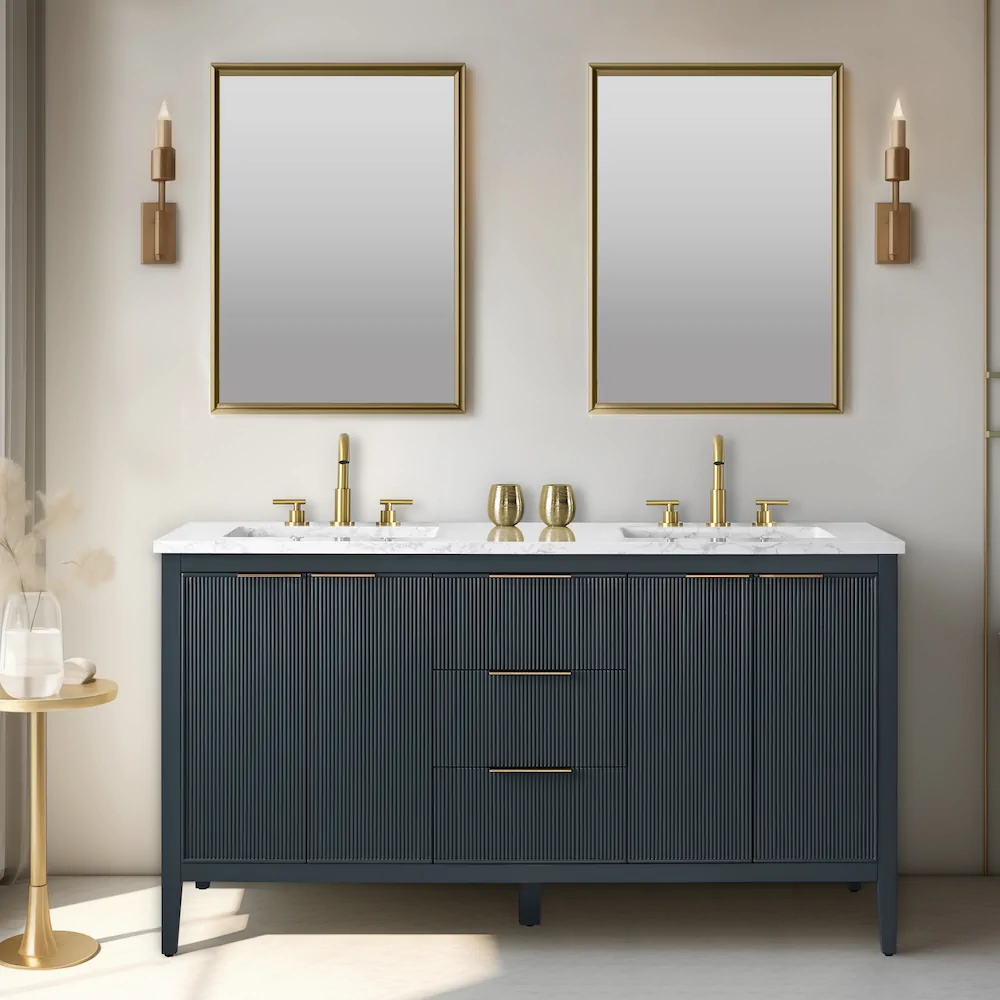 EMMA 60" Vintage Blue Vanity Double Sink With Arabescato Top | Sudio Design